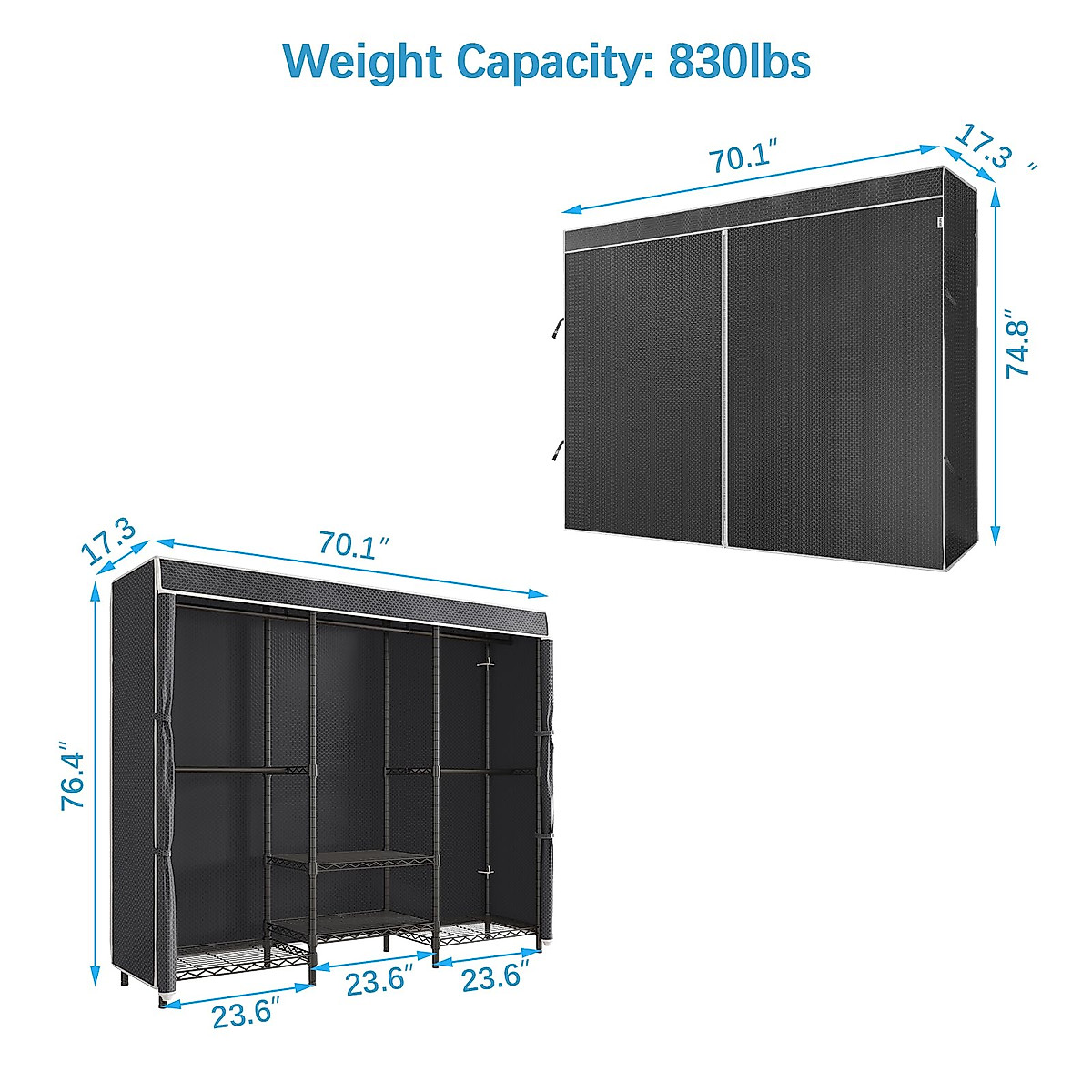 VIPEK V5C SE Garment Rack Wardrobe Closet, Heavy Duty Clothes Rack with Adjustable Shelves and Black Upgraded Polyester Cover, Black Metal Clothing Storage Organizer for Bedroom, 70.1" Lx17.3 Wx76.4 H