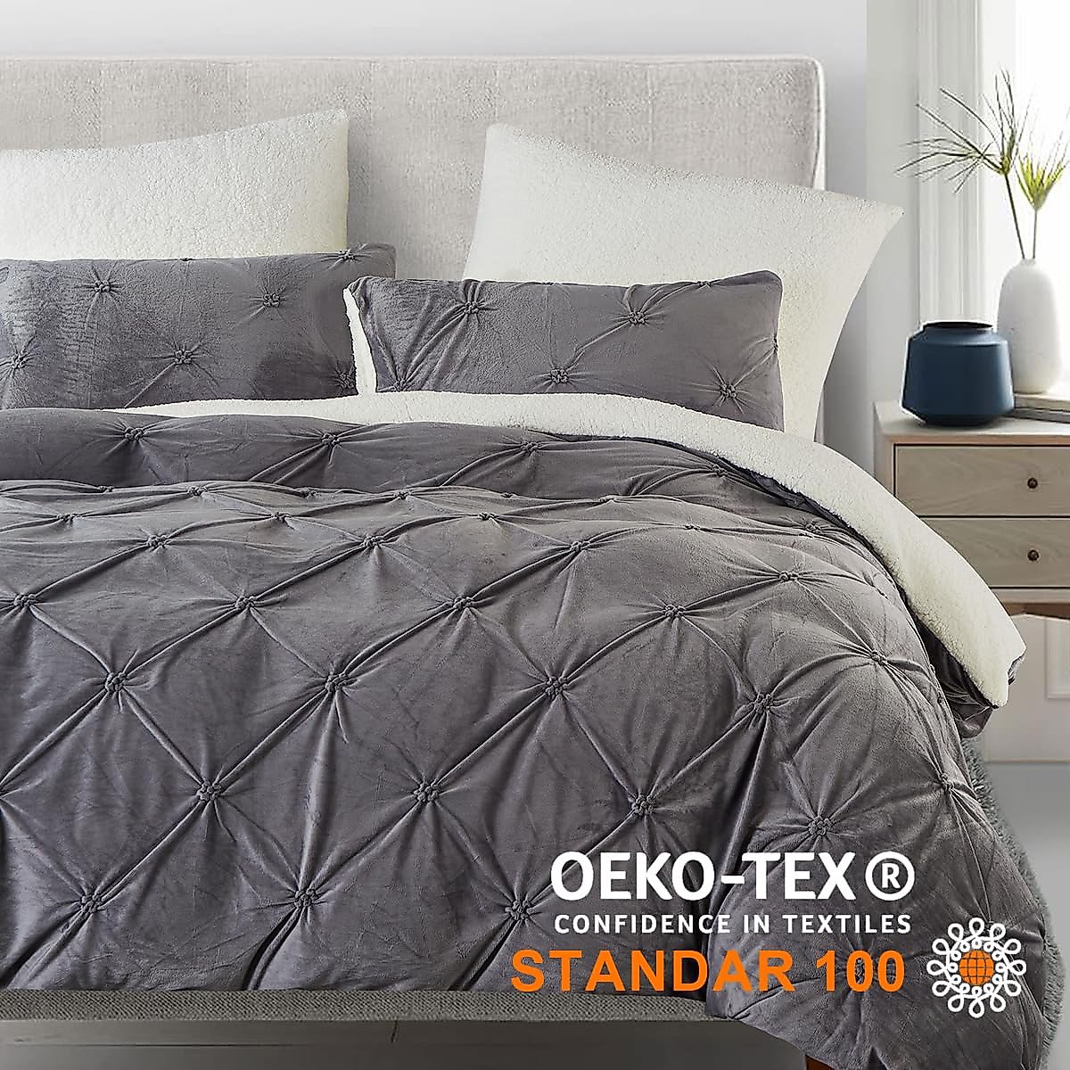 Nayoroom Velvet Duvet Cover Set Queen Size Gray Pinch Pleated Pintuck Reversible Sherpa Fleece Fluffy Comforter Cover 3Pcs Winter Warm Soft Flannel Fuzzy Bedding Set with Zipper Closure