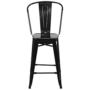 EMMA + OLIVER Commercial Grade 24" H Black Metal Indoor-Outdoor Counter Height Stool w/Back