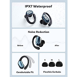 True Wireless Earbuds with Earhooks - 60hrs Battery Life Running Headphones Bluetooth 5.1 with LED Display - IPX7 Waterproof Wireless Earphones with Charging case for Sport, Running