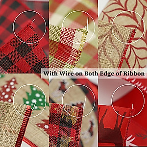 MEEDEE Burlap Wired Ribbon 2.5 Inch 6 Rolls 36 Yards Buffalo Plaid Ribbon for Wreaths, Tree Decorations, Ribbon Garland