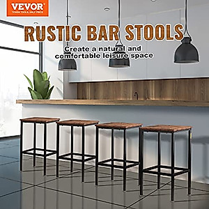 VEVOR Rustic Bar Stools, 25.6” Tall Rectangle Seat, Set of 2 Bar Chairs with Footrest Steel Frame Adjustable Feet, Wooden Industrial Kitchen Stool for Kitchen Dining Living Room, Rustic Brown