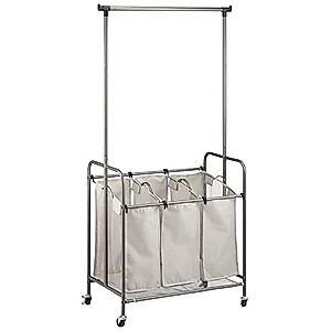 mDesign Portable Laundry Sorter with Wheels and Garment Hanging Bar - Heavy Duty Metal Cart System with 3 Hamper Laundry Sorter Basket Organizers and Drying Rack - Dark Graphite/Gray