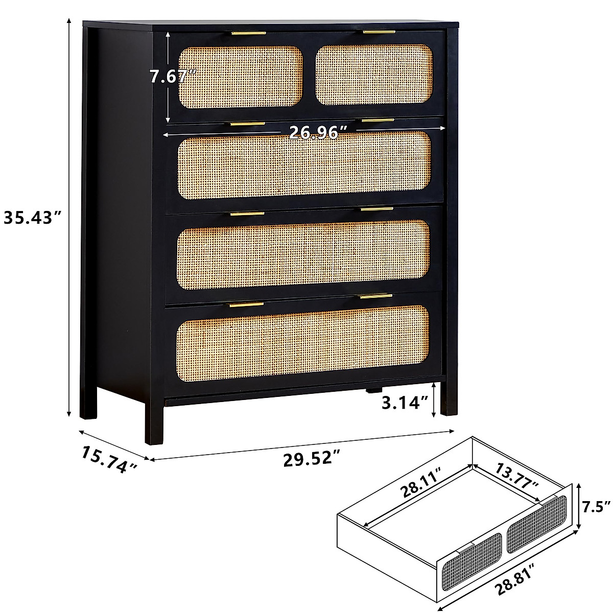 LEVNARY 4 Drawer Dresser Set of 2, Rattan Dressers Storage Cabinet with Metal Handles, Wooden Chest of Drawers Dresser for Bedroom, Entryway, Living Room, Hallway (2, Black)