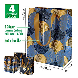 Homeadow Bags - 4 Pcs Assorted Gift Bags, Medium Size (9"x7") - Assorted with 4 Different Designs, Laminated Cardboard, includes 8 tissue papers - Festive Gold Blue Shapes