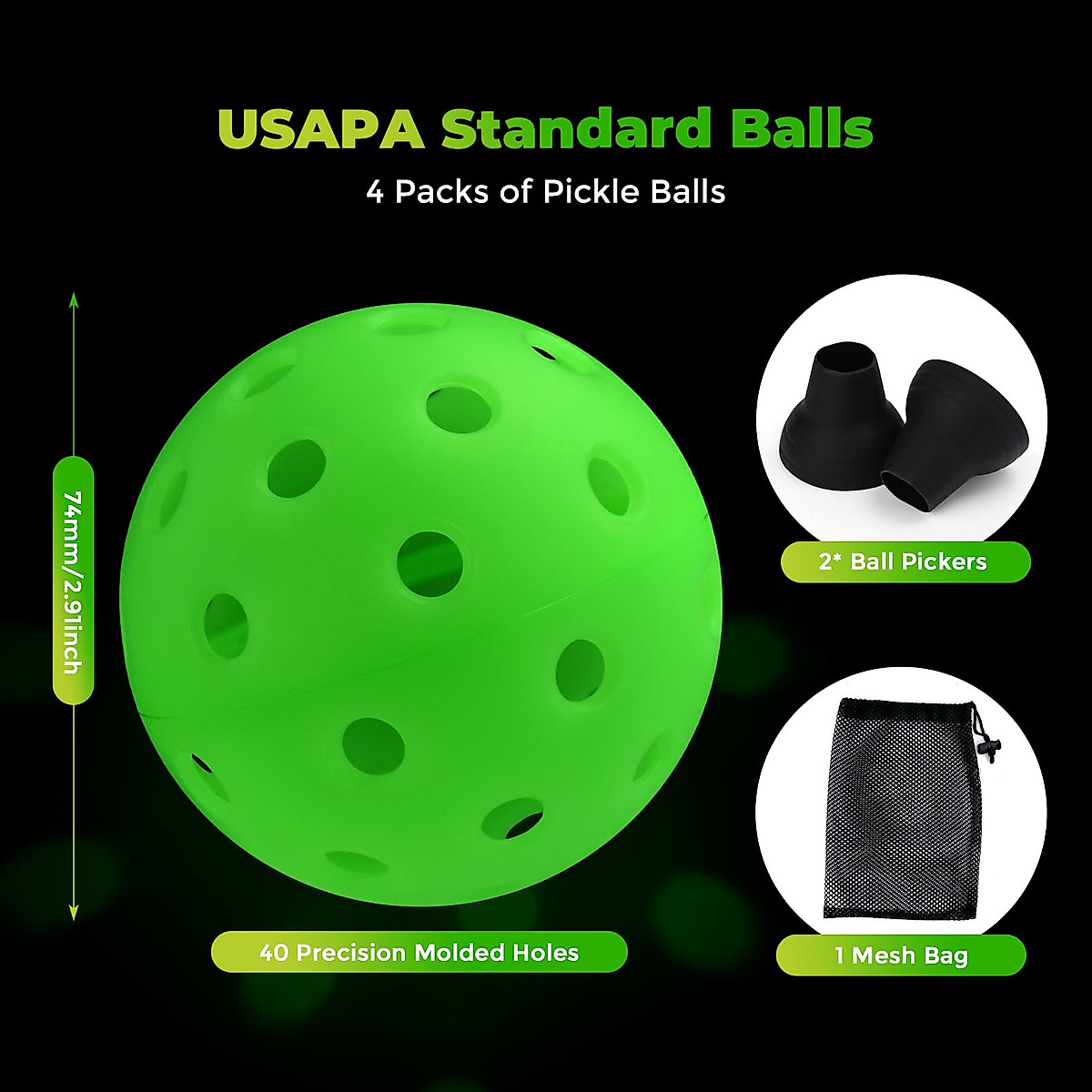 Hzdyopk 4pcs Pickleball-Balls, USAPA Standard 40-Hole Outdoor Wiffle Balls, with Mesh Bag and 2 Ball Picker，Fluorescent Glowing Ball, Unique Gift for Pickleball Lovers