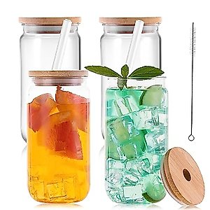 MANJUSAWA 4PCS Drinking Cups With Lids and Straws_16oz Beer Can Shaped Drinking Cups-Iced Coffee Cups,Cute Jars with Straw and Lid,Ideal for Beer,Cocktail,Whiskey,Iced Coffee,Iced Tea and Soda