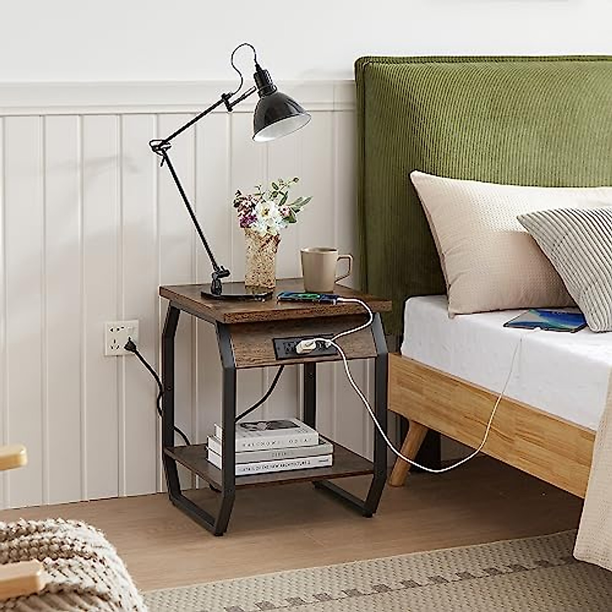 IRCPEN Side Table Set of 2, 17.3'' Square Bedside Table Nightstand Set W/Shelf, Vintage Small End Table with USB Port and Outlets for Small Spaces, Living Room, Bedroom (Brown)