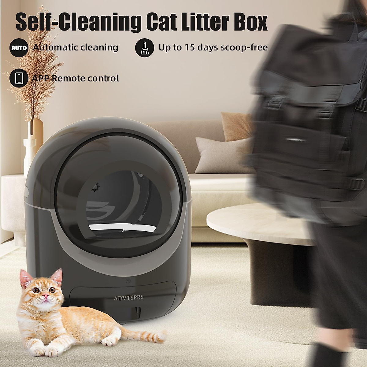 ADVTSPRS Self Cleaning Cat Litter Box, Automatic Cat Litter Box with APP Control&Odor Elimination, Anti-pinch Design for Multi-Cat Family