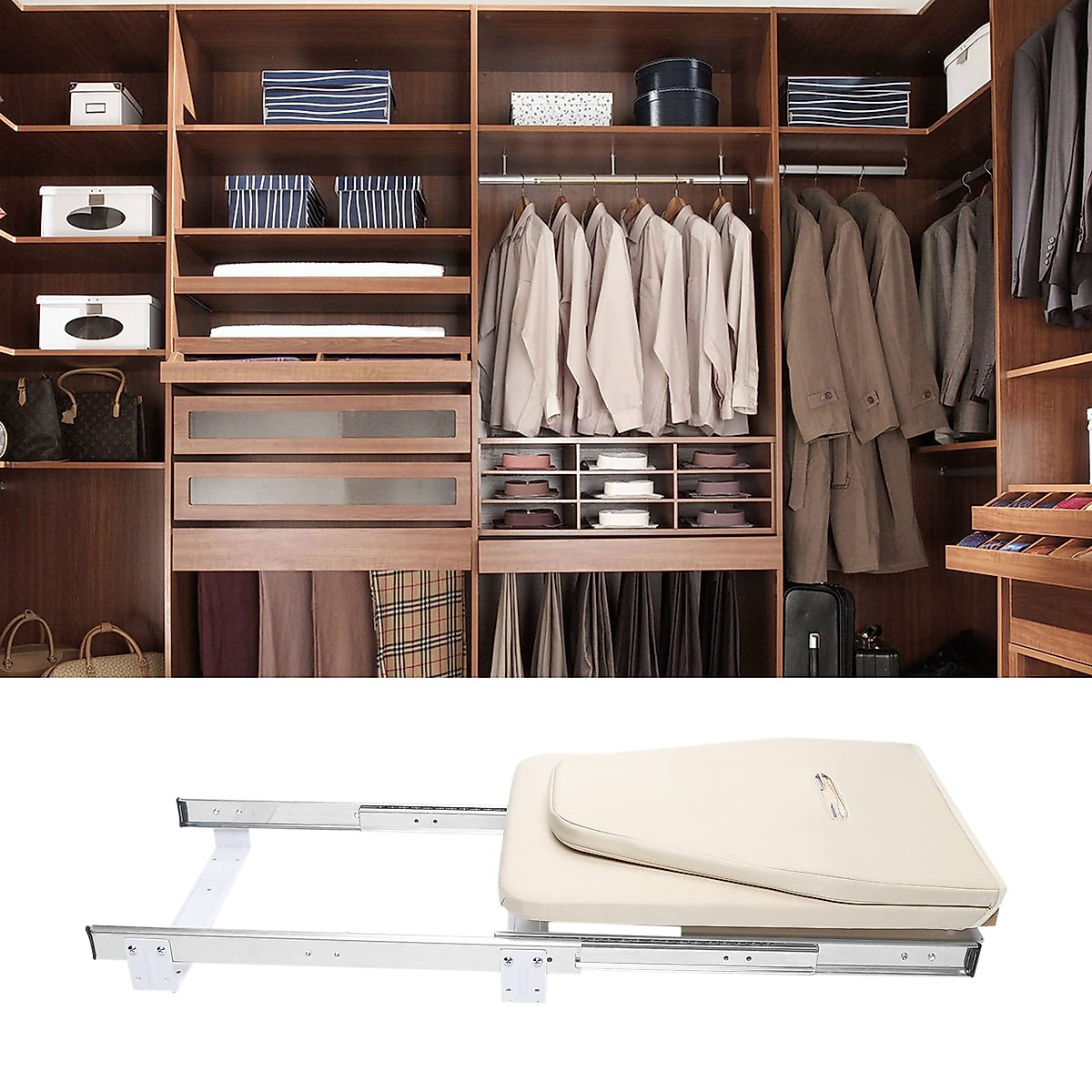 Closet Pull-Out Ironing Board 31.9" X 12.2" Buit-in Iron Board Mini Ironing Board Stow Away in The Cabinet 180° Rotation for Small Spaces | with Cotton Ironing Board Cover | Beige (US Stock)