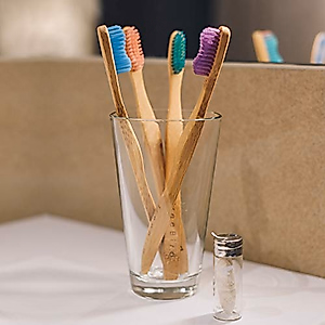 Bamboo Toothbrush 4-Pack & Compostable Silk Dental Floss with Refillable Glass Holder | Biodegradable Oral Care Set | Soft BPA-Free Bristles | Natural Eco-Friendly Gifts for Men & Women | Moso Handle