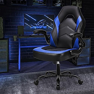 OLIXIS Ergonomic Office Computer Gaming Chair with Lumbar Support Flip-up Arms Adjustable Height PU Leather Swivel with Wheels, 25.98D x 25.39W x 41.73H, Blue