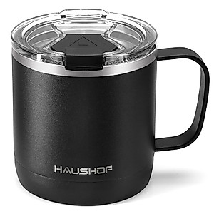 HAUSHOF 14 oz Coffee Mug, Insulated Coffee Mug with Handle, Travel Camping Cup, Portable Stainless Steel Coffee Cup, Insulated Coffee Cups with Lid, Black