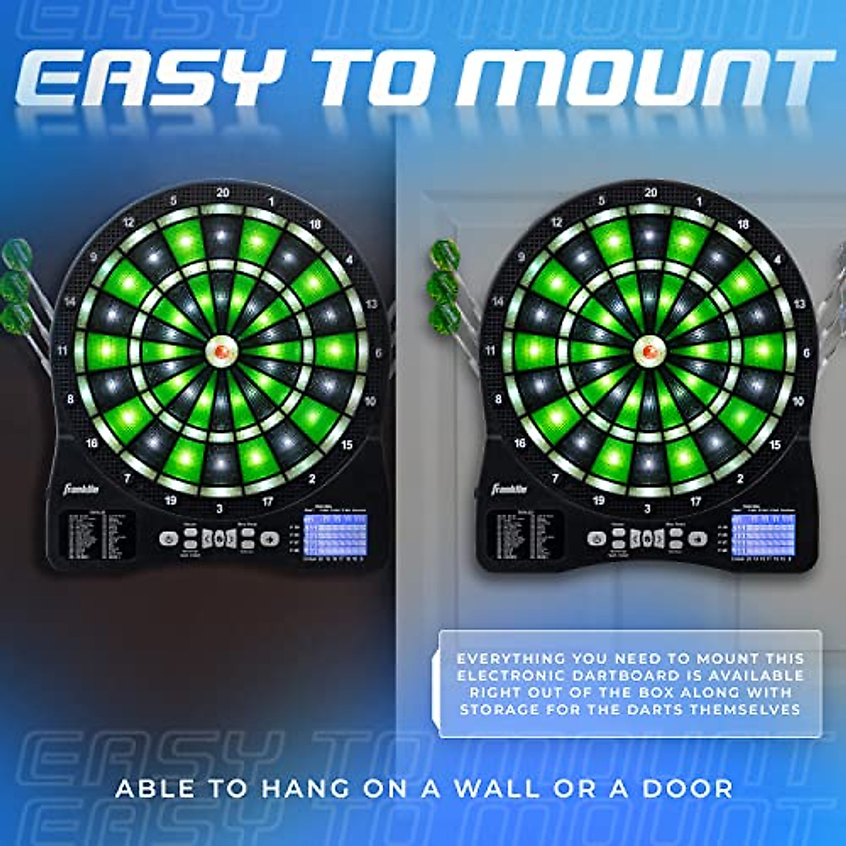 Franklin Sports Light Up Electronic Dart Board Set - LED Soft Tip Electric Dartboard with Digital Scoreboard - Adults + Kids Set - (6) Darts Included, Black/Green, 15"
