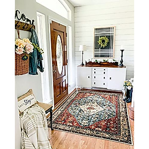 AIZHU Collection Boho Area Rug - 3’ x 5’, Non Slip Thin Entryway Rug Doormat Washable Distressed Accent Indoor Throw Low Pile Rug Front Floor Carpet for Entrance Living Room kitchen Bedrooms, Bohemian