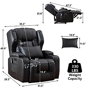 BINGTOO Electric Power Recliner Chair with Massage and Heat Recliner Chairs for Adults, Leather Home Theater Seating with Base Light, Cup Holders, USB Port…