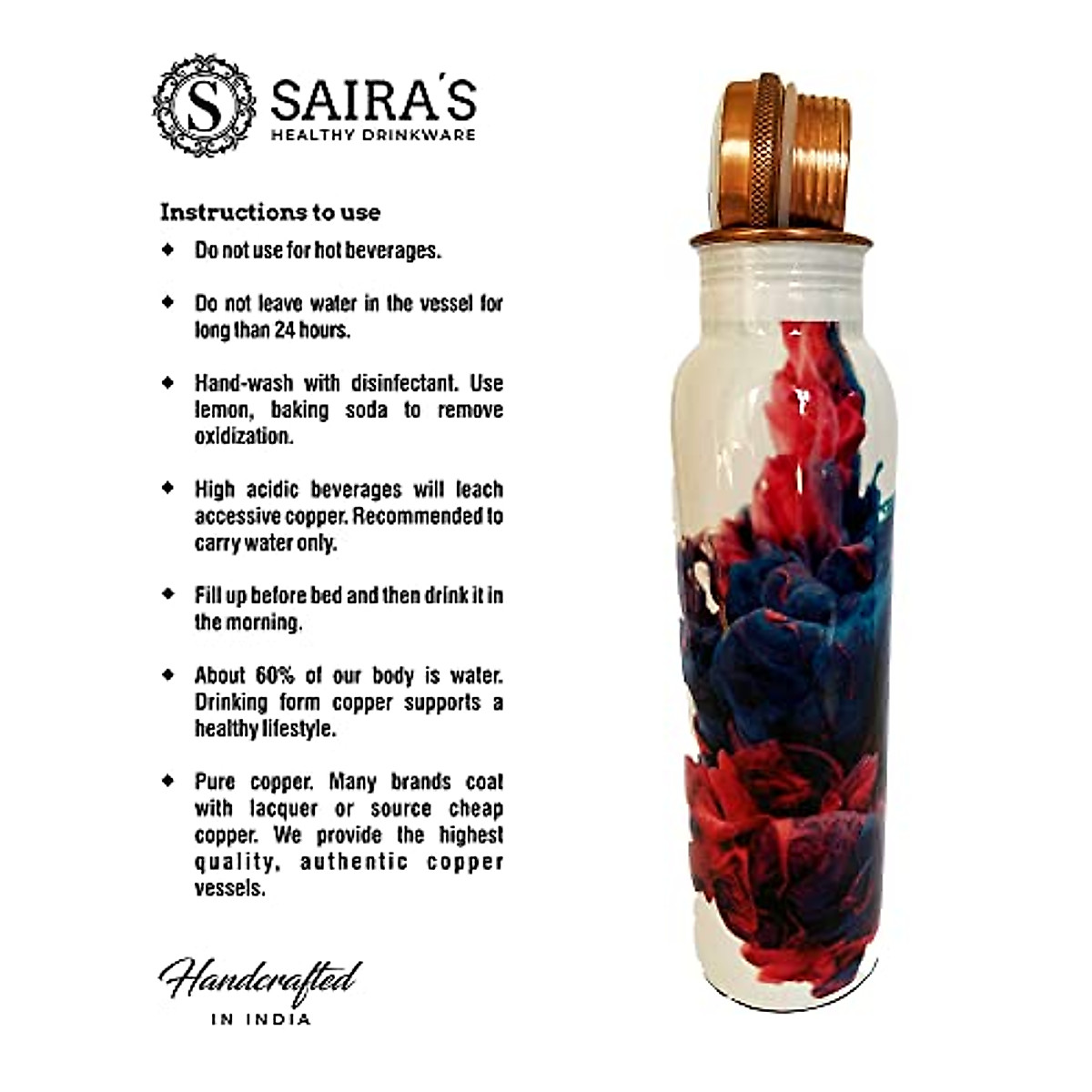 SAIRAs, 100percent PURE COPPER WATER BOTTLE LARGE 32 OZBoost Your Health Handcrafted To PerfectionKeep Hydrated Ayurvedic Water BottleLeak Proof Design, WHITE