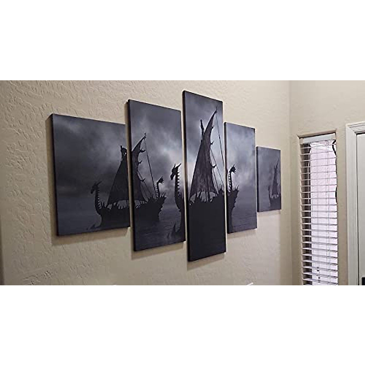 Norse Decor Black and White Painting Vikings Ship Artwork Fantasy Sailing Boat Pictures for Living Room Home 5 Panel Dragon Canvas Wall Art Modern Framed Ready to Hang Posters and Prints(60''Wx32''H)