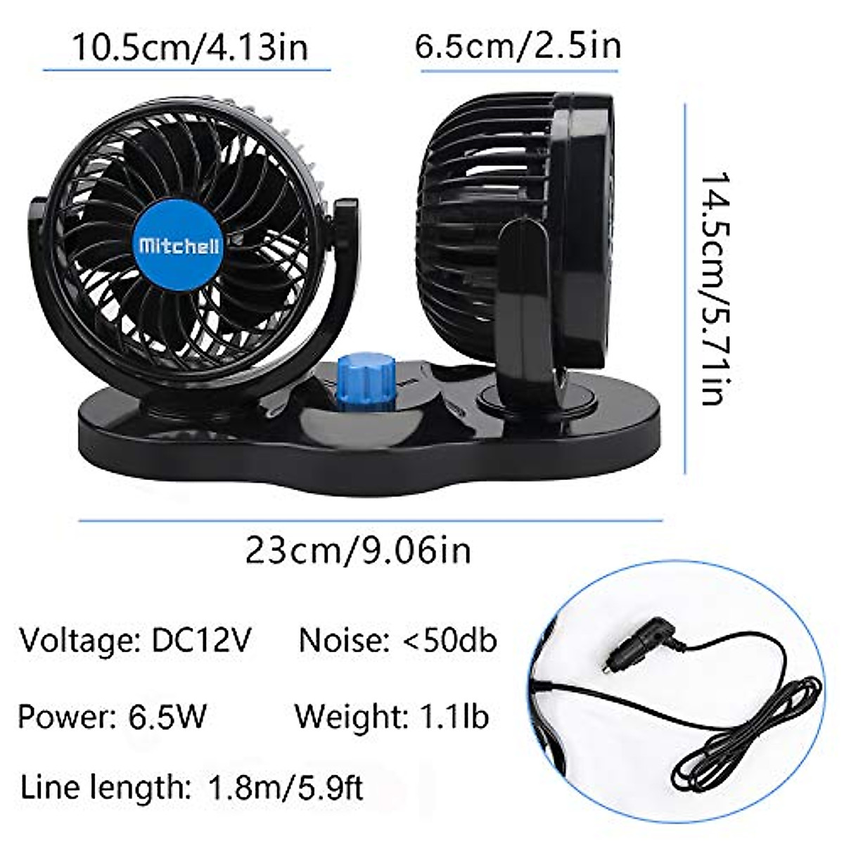 Jhua 12V Electric Car Fan 360 Degree Rotatable 2 Speed 4in Dual Head Car Auto Cooling Air Circulator Fan Quiet - Cigarette Lighter for Van SUV RV Boat Auto Vehicles Golf (Black
