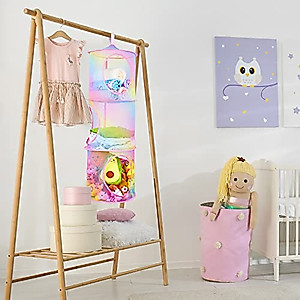 Basumee Stuffed Animals Net or Hammock 2Pcs Hanging Stuffed Animals Storage 3 Compartments Toy Net Hammock for Stuffed Animals Organizer Mesh Stuff Animals Hammock for Kids Girls Room, Rainbow