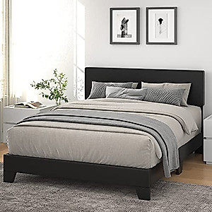 Allewie Full Size Bed Frame with Adjustable Headboard, and Waterproof Faux Leather Upholstered Platform, Sturdy Wood Slat Support, No Box Spring Needed, Easy Assembly, Black