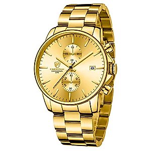 GOLDEN HOUR Men's Watches with Gold Stainless Steel Metal Strap Fashion Casual Waterproof Chronograph Quartz Watch, Auto Date in Black Hands