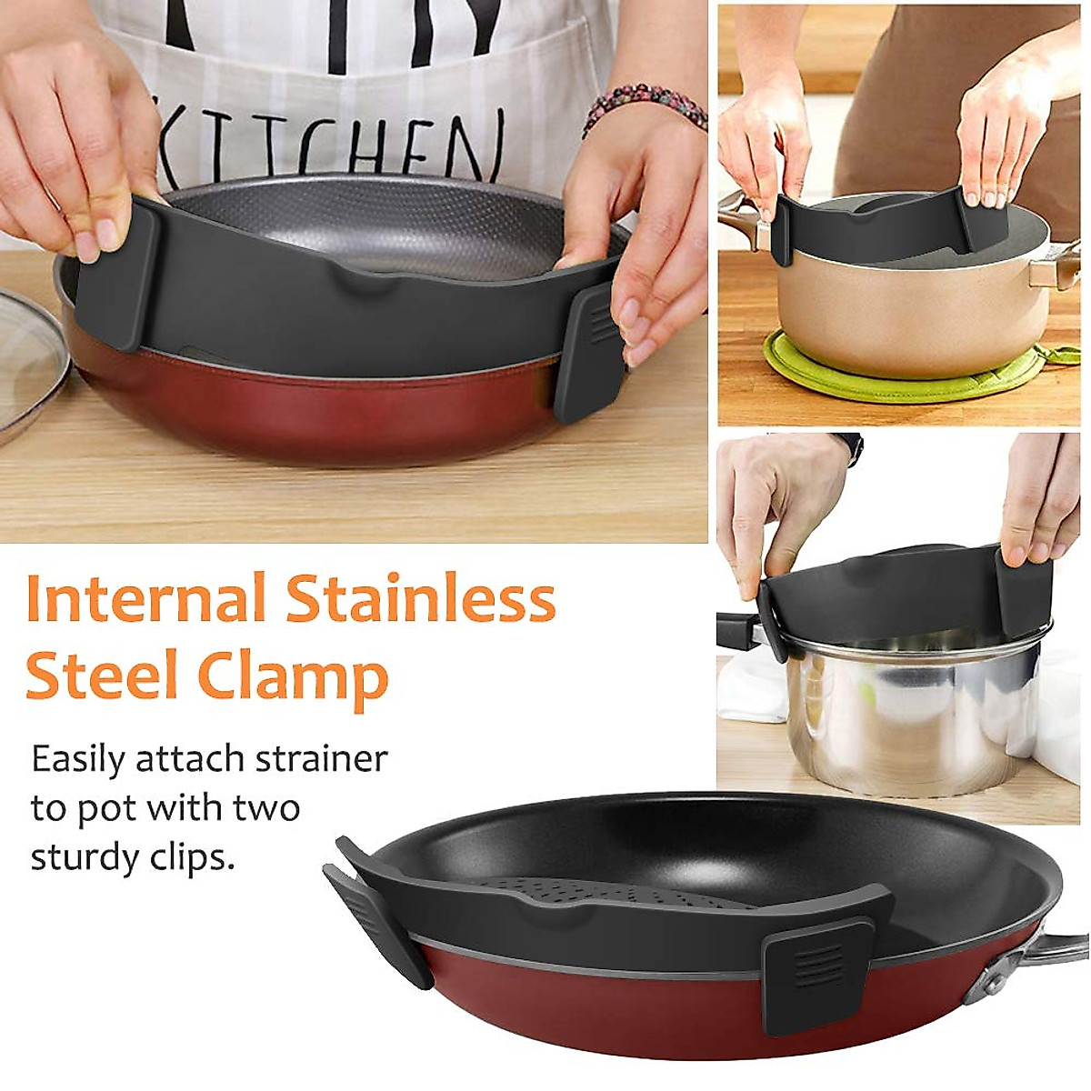 YEVIOR Clip on Strainer for Pots Pan Pasta Strainer, Silicone Food Strainer Hands-Free Pan Strainer, Clip-on Kitchen Food Strainer for Spaghetti, Pasta, Ground Beef Fits All Bowls and Pots - Black