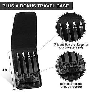 Upmore Tweezers Set, 4 pcs Professional Stainless Steel Tweezers, Eyebrow Tweezer Set with Travel Case for Eyebrows, Facial Hair, Ingrown Hair, Splinter and Blackhead (Black)…