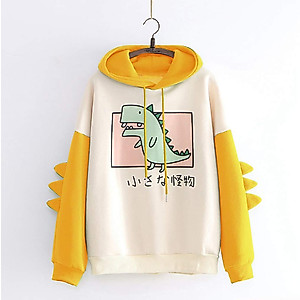 Boxinay Women's Teen Girls Cute Dinosaur Long Sleeve Hoodies Casual Loose Sweaters Hooded Sweatshirts Pullover Tops Shirts Yellow
