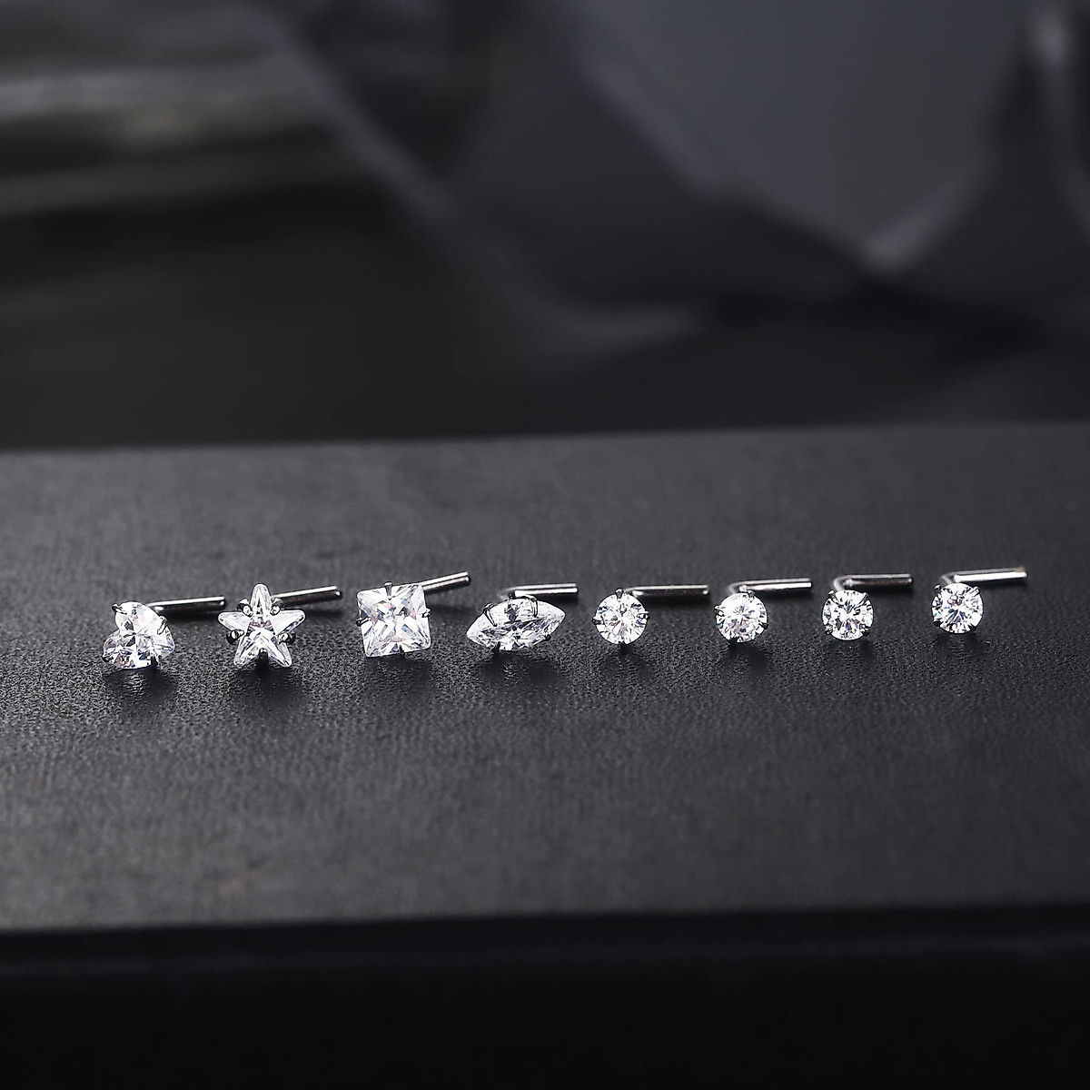 MILACOLATO 8Pcs 20G Sterling Silver Nose Rings Studs for Women Men Star Marquise Heart Square Round Shaped CZ Nose Stud L Shape Nose Ring Body Piercing Jewelry