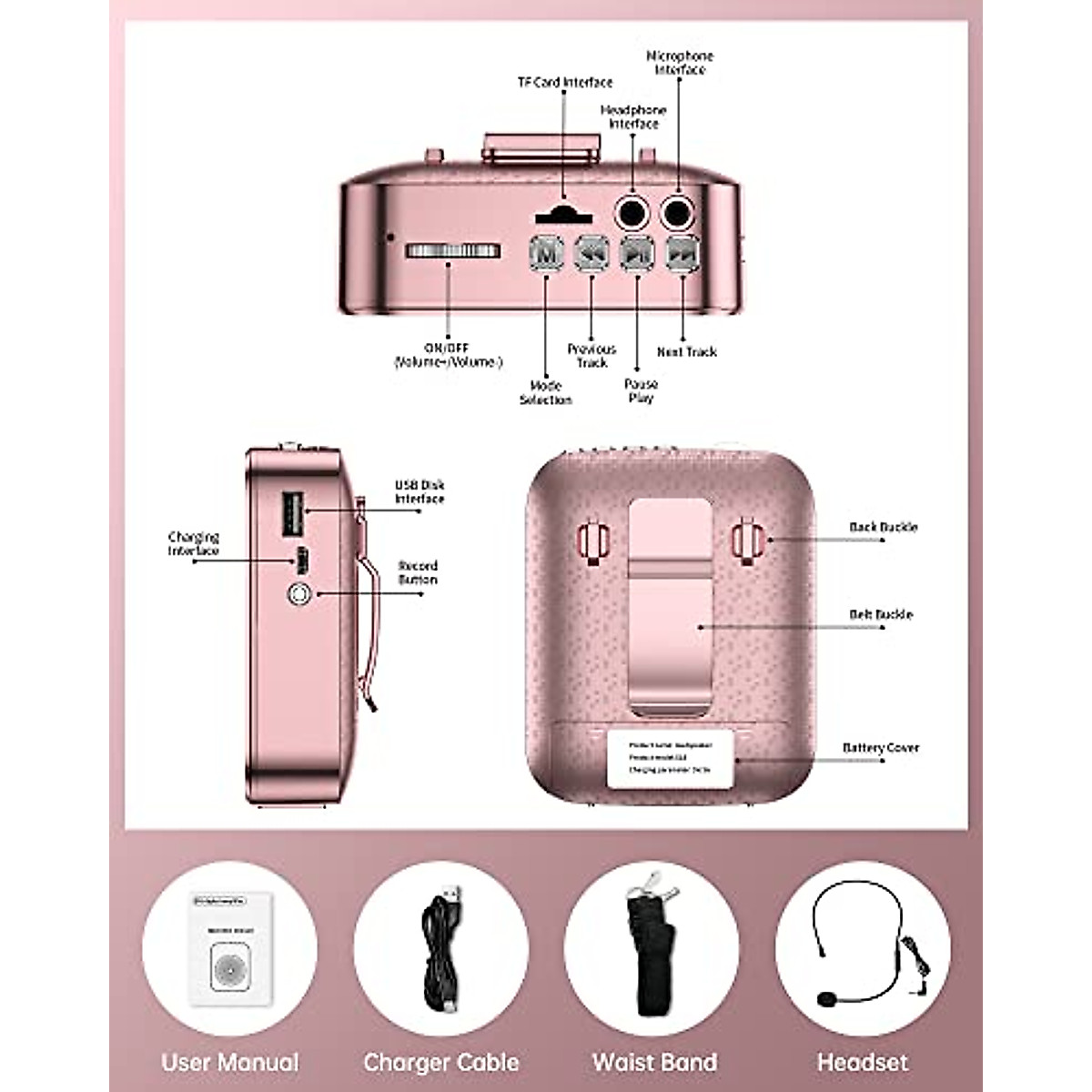 Uonkeus Portable Rechargeable Voice Amplifier Mini Wired Microphone Headset & Waistband Personal Power Amplifiers Loudspeaker for Teachers, Coaches, Tour Guides, Meeting, Presentation (Rose Gold)