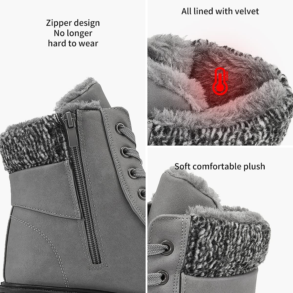 yageyan Womens Winter Snow Boots Warm Fur Lined Winter Water-resistan Ankle Booties Zipper Anti-Slip Combat Boots(Grey7)