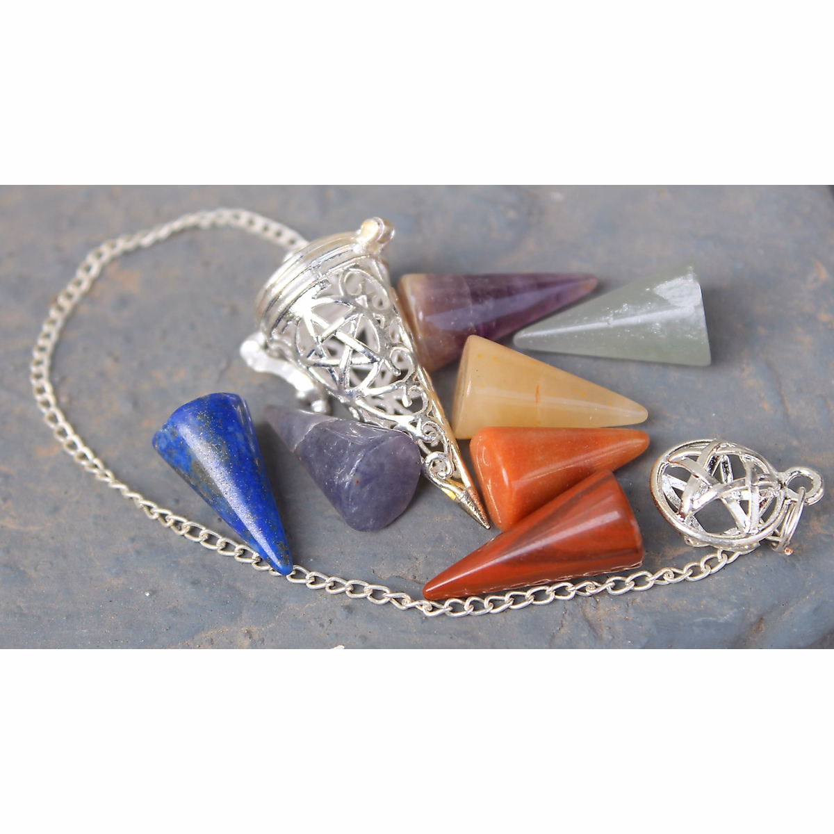 Jet International Jet Chakra Cage Pendulum 2" Free Booklet Crystal Therapy Interchangeable Chakra Cone Silver w/Pouch Divination Wicca Yes/No Pagan (Pentacle Star)