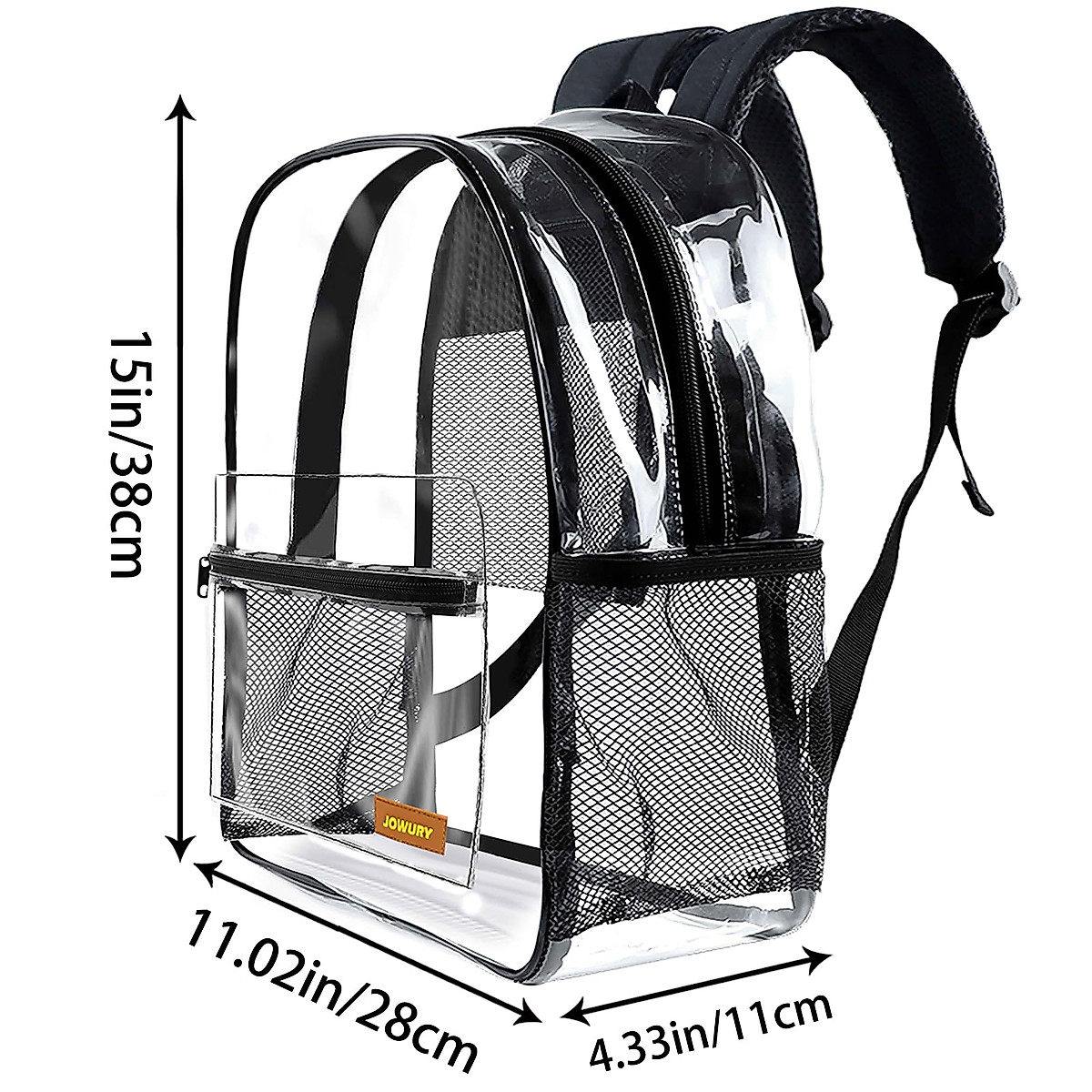 JOWURY Clear Backpack - Heavy Duty PVC Transparent Backpack, See Through Large Capacity School Backpack for Students, Concerts, Work, Safety, Travel (15", Suitable for Kids)