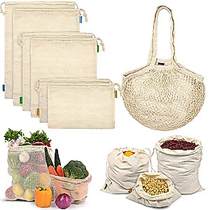 Qinline Reusable Produce Bags, Organic Mesh Bags Muslin Bags with Drawstring Bonus Reusable Grocery Bag for Shopping & Storage, Washable, Biodegradable, Food Safe, Tare Weight on Color Tag(7 Pack)
