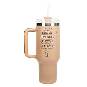 Elanze Designs Pooh Classic Bear Braver Stronger Smarter 40 oz. Stainless Steel, Large Water Bottle Coffee Mug, Spill & Leak Resistant, Thermal Travel Tumbler with Handle, Lid & Straw, Peach