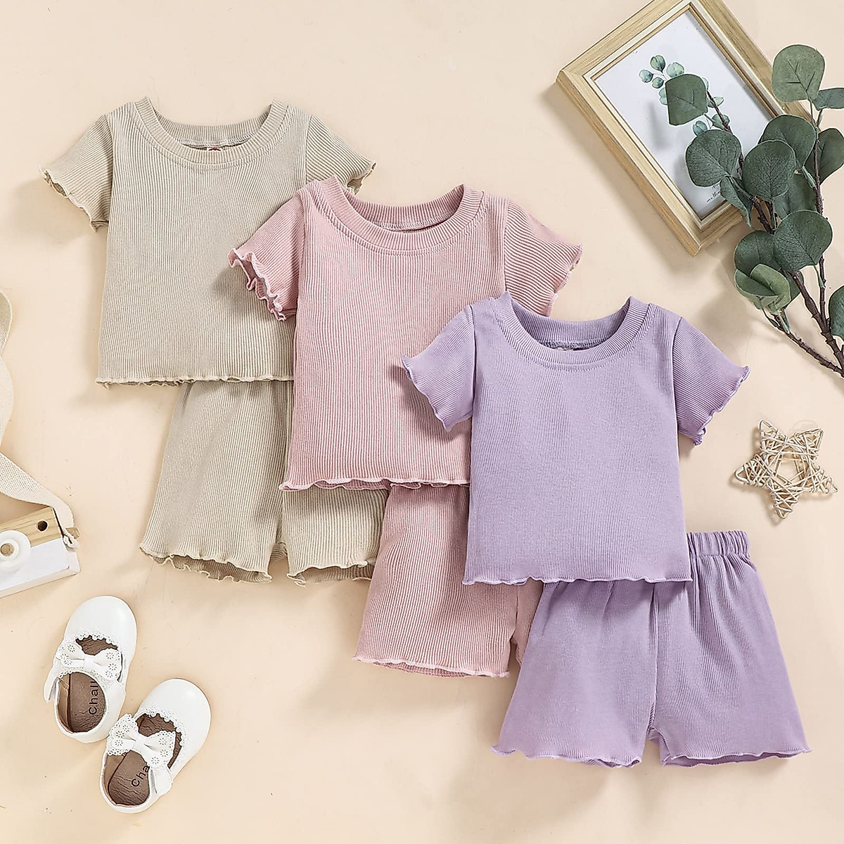 Dimoybabe Toddler Girl Clothes 2T Toddler Girl Summer Outfits Clothes Set Ruffle Ribbed Short Sleeves T-Shirt Tops Shorts Comfy Outfits (Light Purple Ruffle, 2-3T)