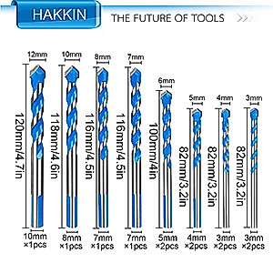 Hakkin 12 Pcs Masonry Drill Bits Set, 3mm - 12mm Concrete Drill Bits Set for Cement Glass Wall Brick Wood, Metric System Tungsten Carbide Tip Triangle Alloy Industrial Strength with Storage Case(Blue)