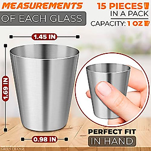 Set of 15pcs Stainless Steel Shot Glasses Drinking Vessel - 30 ml (1oz) Outdoor Camping Travel Coffee Tea Cup, Silver Cup - Unbreakable Metal Shooters for Whiskey Tequila Liquor Great Barware Gift