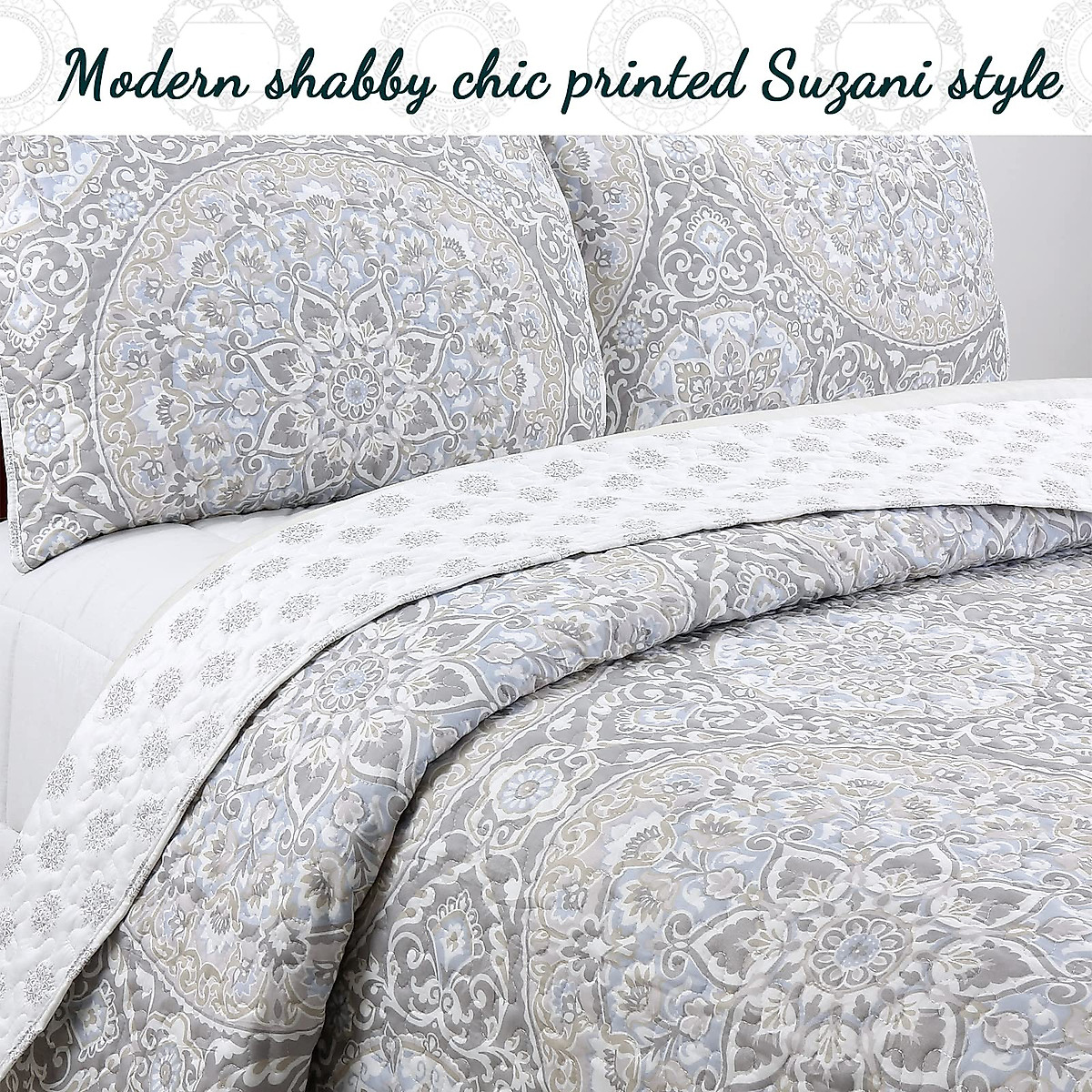 Cozy Line Home Fashions Medallion Floral Reversible Bedding Quilt Set, Lightweight Bedspread Coverlet for All Seasons (Grey Venetia, Queen - 3 Piece)