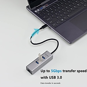 YUENN USB-C Metal 3-Port HUB with Gigabit Ethernet Adapter, USB-C to RJ-45, Compatible with Laptop, MacBook, Surface,PC, iPhone 15 /Pro/Max, Dell XPS, Galaxy S8-S23
