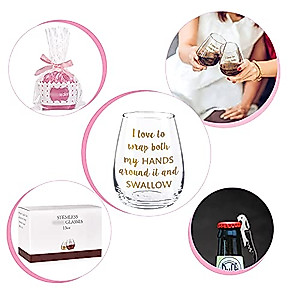 I Love Wrap Both My Hands Around It and Swallow It Stemless Wine Glass with Cupcake Wine Socks and Bottle Opener - Funny Wine Glass Gift for Women, Friends, Sisters, Girls, Wine Lover, Mom 15Oz