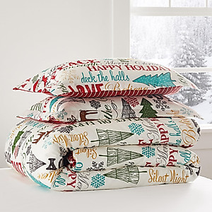 Levtex Home - Santa Claus Lane Duvet Cover Set - King Duvet Cover (106x94in.) + Two King Pillow Cases (36x20in.) - Christmas Script - Red, Teal and Green - Polyester
