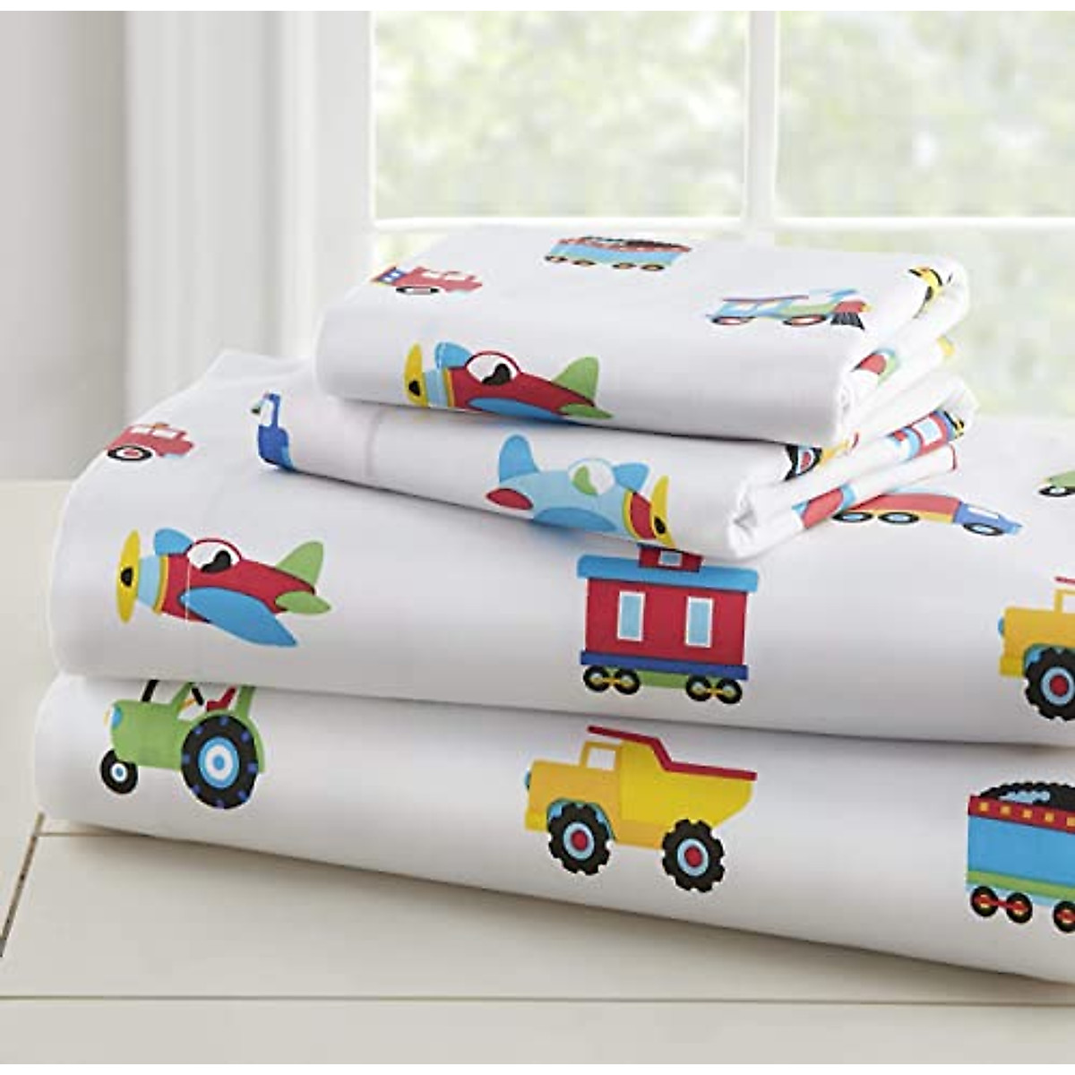 Wildkin Cotton Fitted Crib Sheet Bundle with Plush Throw Blanket (Trains, Planes & Trucks)
