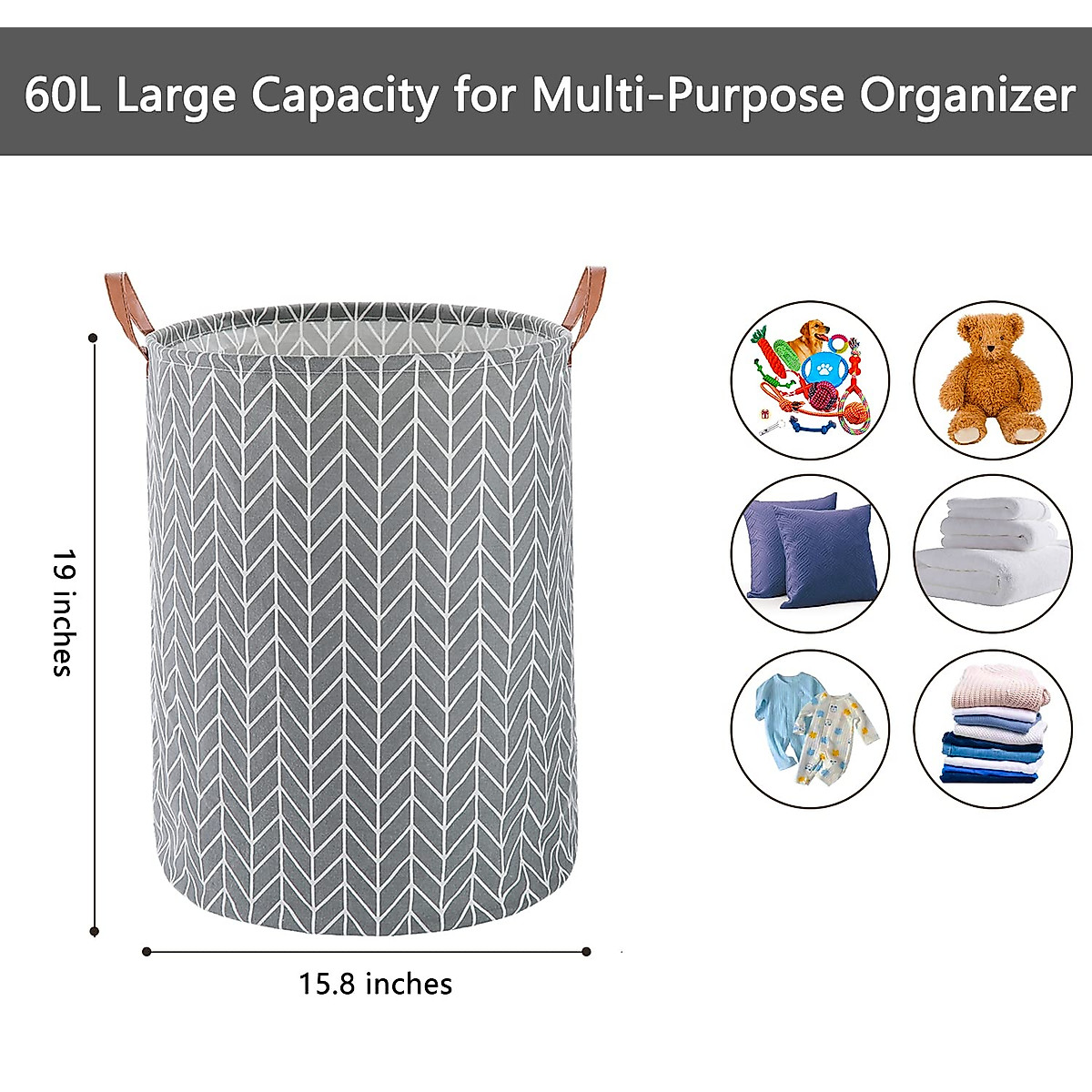 Tsingree 60L Waterproof Laundry Hamper, Large Foldable Laundry Basket with Leather Handles, Canvas Storage Bin for Kid's Room and Baby Nursery (Gery arrow)