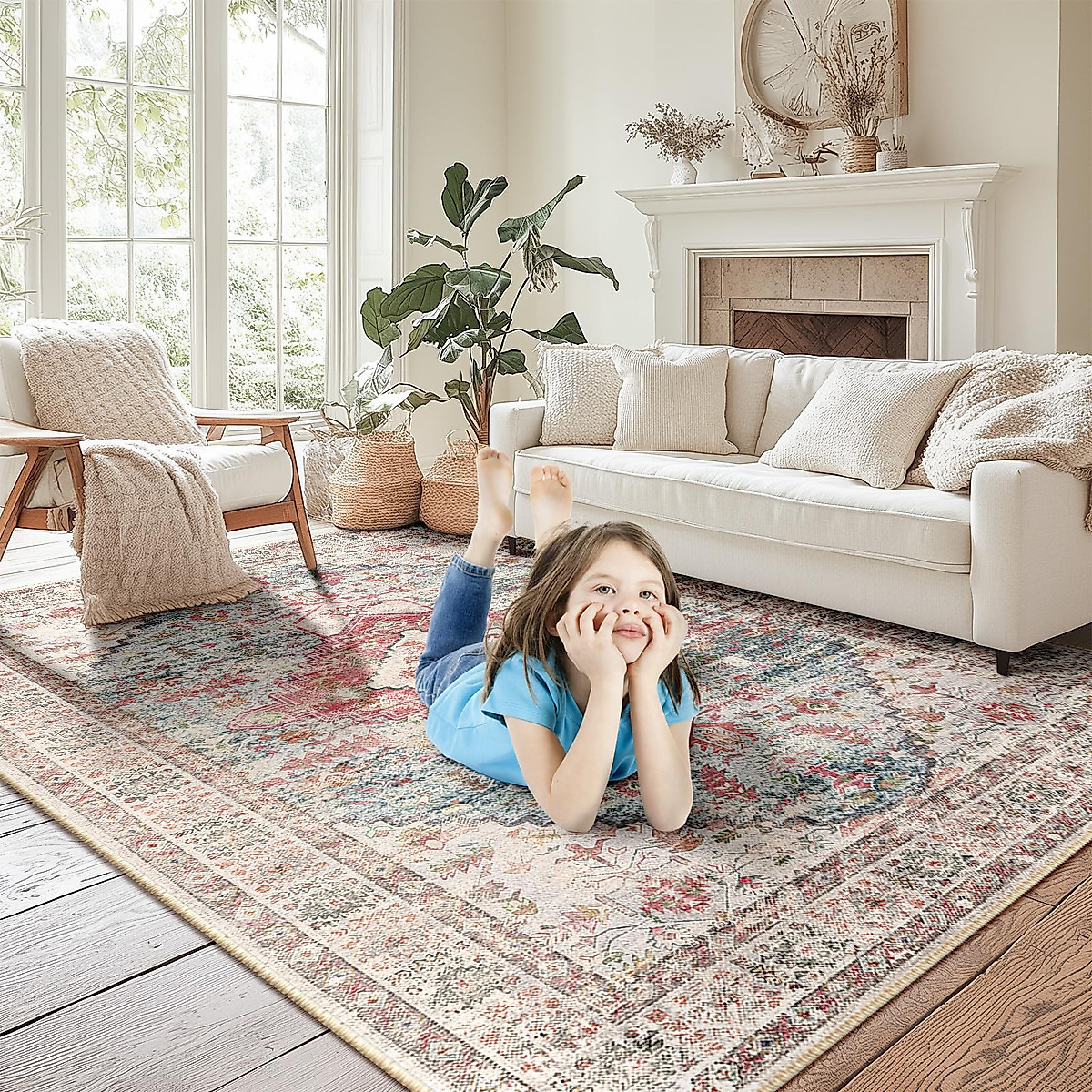 BESTSWEETIE Area Rug 5x7 Rugs for Living Room 5 x 7 Washable Rugs Non Slip Vintage Boho Living Room Rugs for Bedroom Dining Room, Distressed Pattern Carpet, Pink