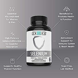 Zhou Selenium 200mcg | for Thyroid, Prostate and Heart Health | Essential Trace Mineral with Superior Absorption | No Yeast | 100 Veg Caps