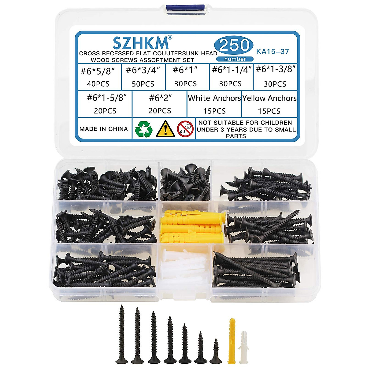 SZHKM Screws Drywall Screws Quality Black Steel #6 Sharp Point Self Tapping Screws with Anchors Black Steel Wood Screws Assortment Set, Machine Screws, 250PCS - for Drywall Sheetrock, Wood and More