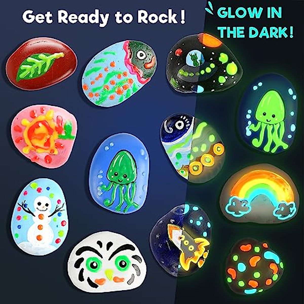 Simetufy 12 Rocks Painting Kit, Glow in The Dark Rocks to Paint, Arts and Crafts for Kids, Smooth Flat Rocks with Art Supplies, Creative Outdoors Activity Kit for Boys Girls, Ages 4-6, 6-8, 8-12+