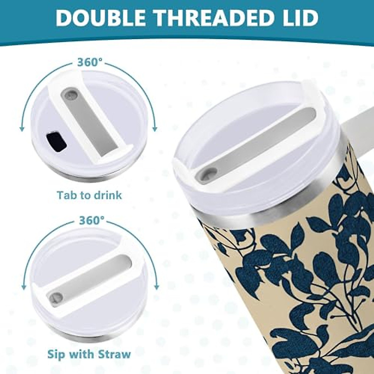 RPLIFE Blue Leaf Beige 40oz Tumbler with Handle, Stainless Steel Tumbler with Straw, Tumblers for Women